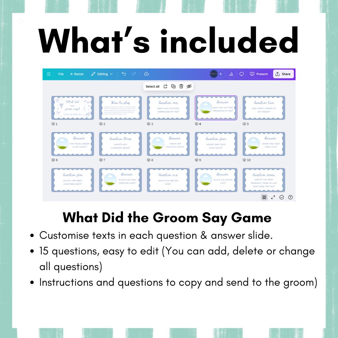 What Did the Groom Say Bachelorette Trivia Game Blue & White Hen Party ...