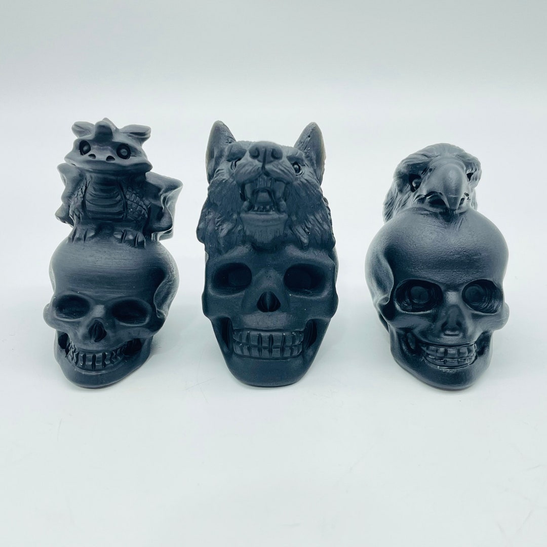 Black Obsidian Skull With Wolf Head Skull With Flying Dragon - Etsy