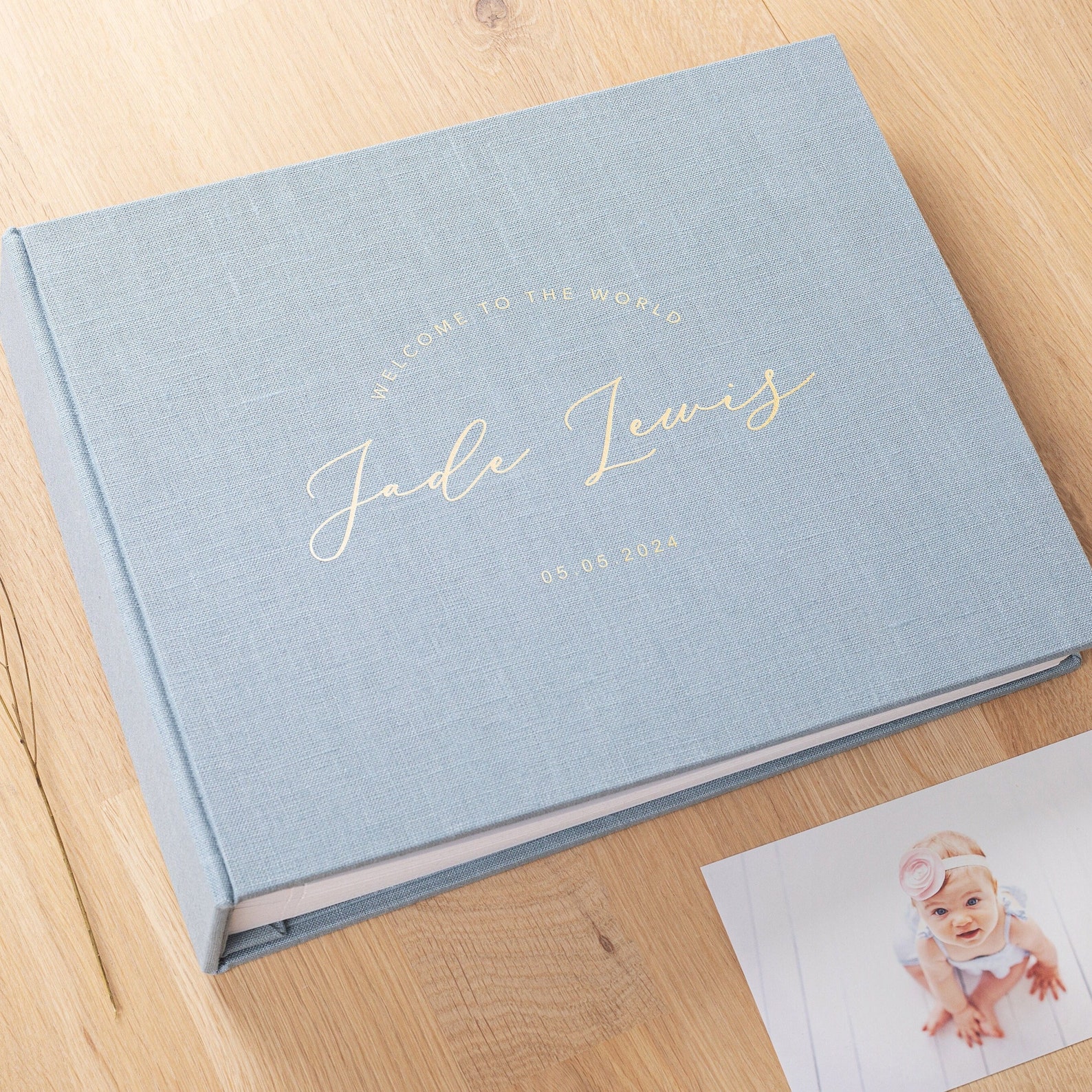 Personalized Linen Baby Photo Album | First Years Baby Memory Book ...