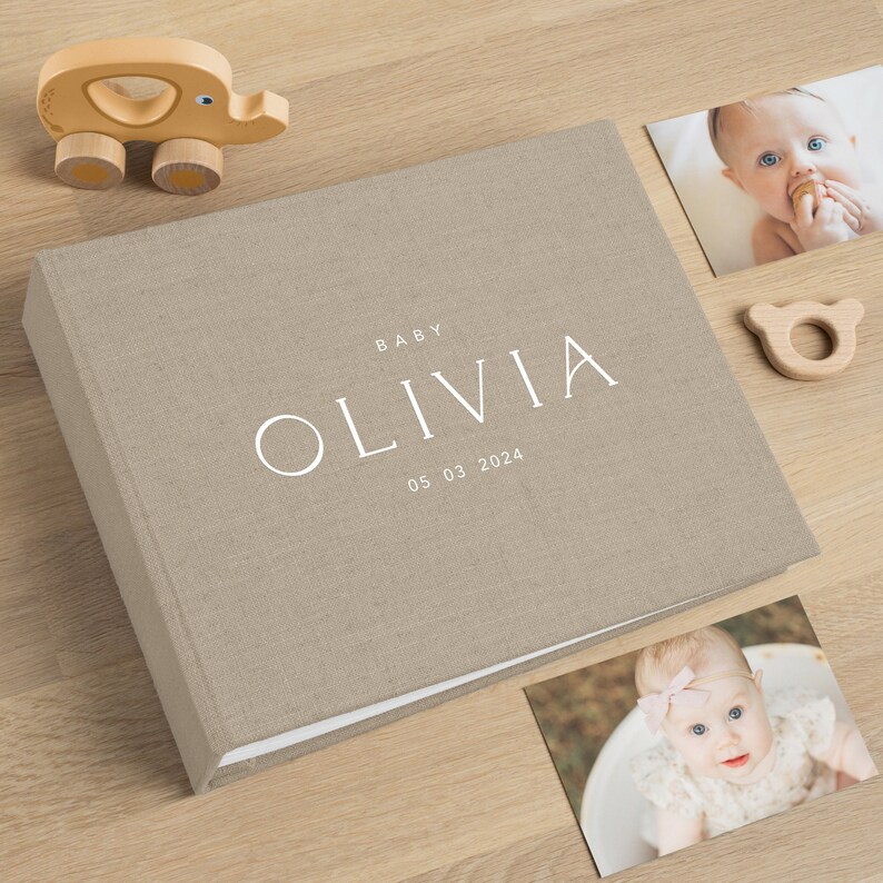 First Years Baby Memory Book Personalized Linen Baby Photo Album Modern ...