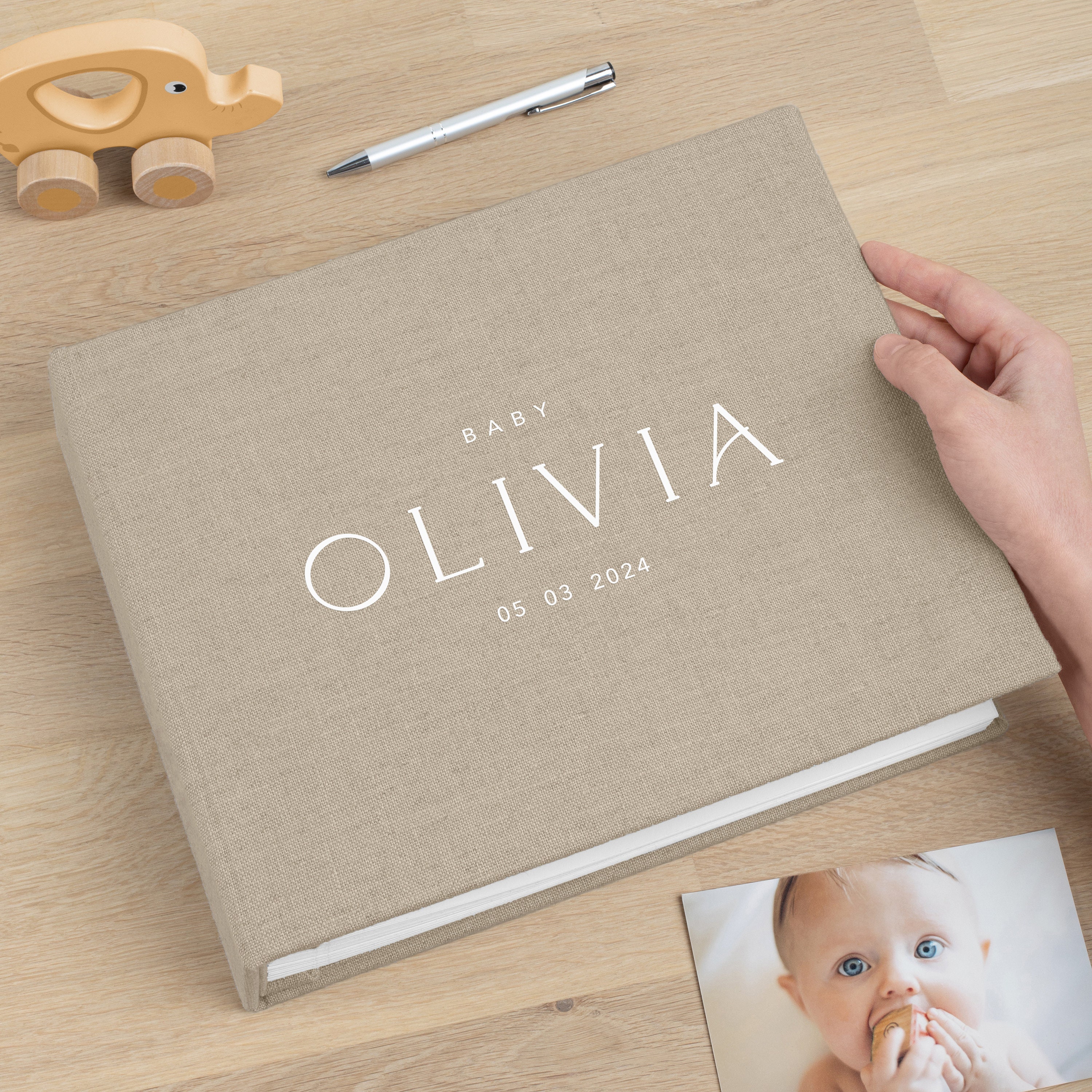 First Years Baby Memory Book Personalized Linen Baby Photo Album Modern ...