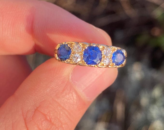 Victorian 18ct Yellow Gold Three Stone Sapphire & Old Cut Diamond ...
