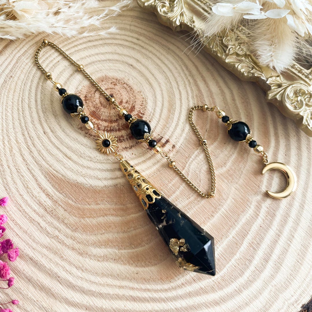 Obsidian Divinatory Pendulum, Resin Pendulum Inlaid With Natural Stones ...