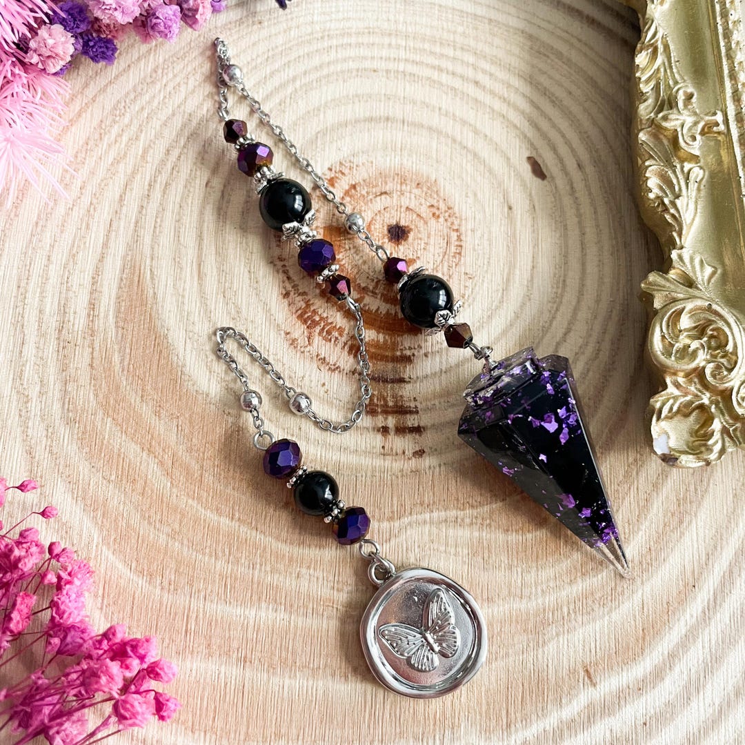 Divination Pendulum in Obsidian, Black and Purple, Freedom Butterfly ...