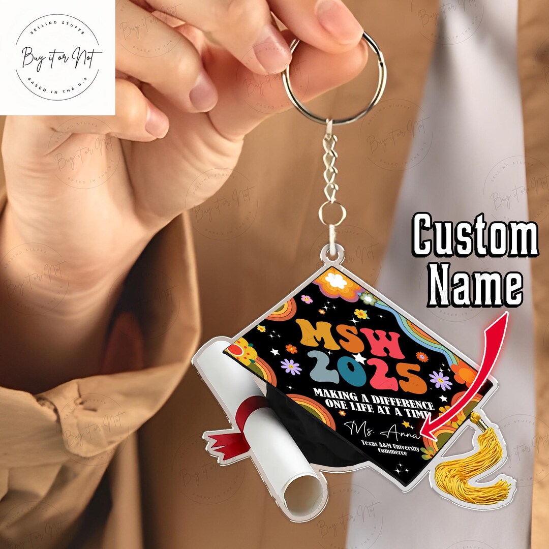 Personalized MSW Graduation Cap Topper Keychain, Social Worker Cap ...