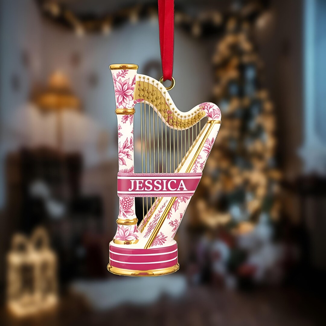 Personalized Harp Toile De Jouy X-mas 2D Ornament, Music Lover Holiday ...
