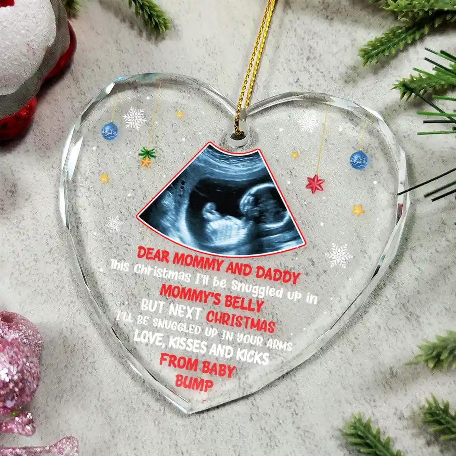 Custom Photo Snuggle up in Mommy's Belly Christmas Heart Shape Glass ...