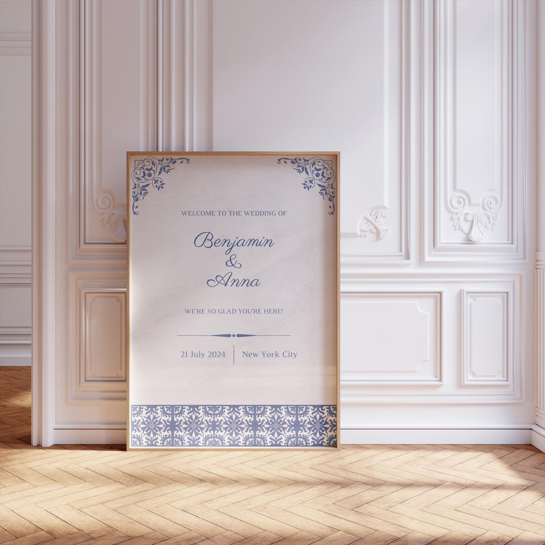 Classic Blue Damask Wedding Sign, Minimalist Custom Wedding Print ...