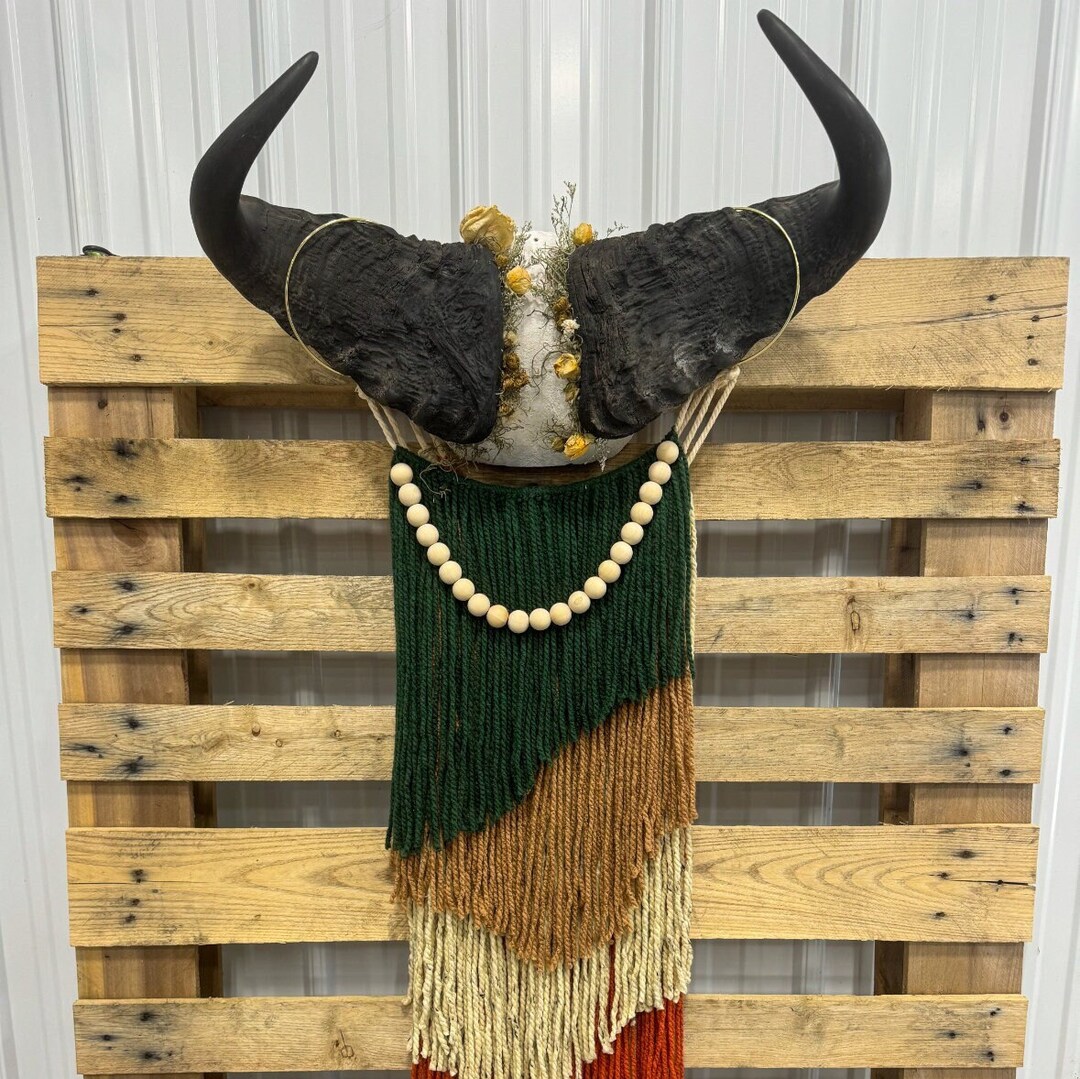 Real Cape Buffalo Mount Adorned With Wool Yarn Macrame and Genuine ...