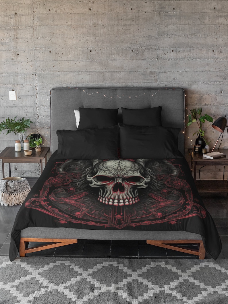 Satanic Skull With Horns Duvet Cover Bedding Set, Demonic Bed Set ...