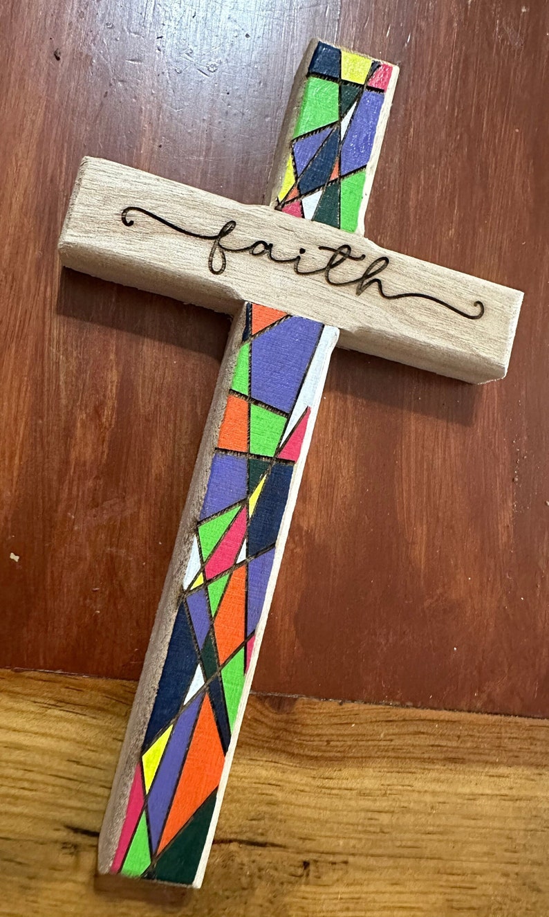 Wood Stained Glass Cross With Engraving - Etsy