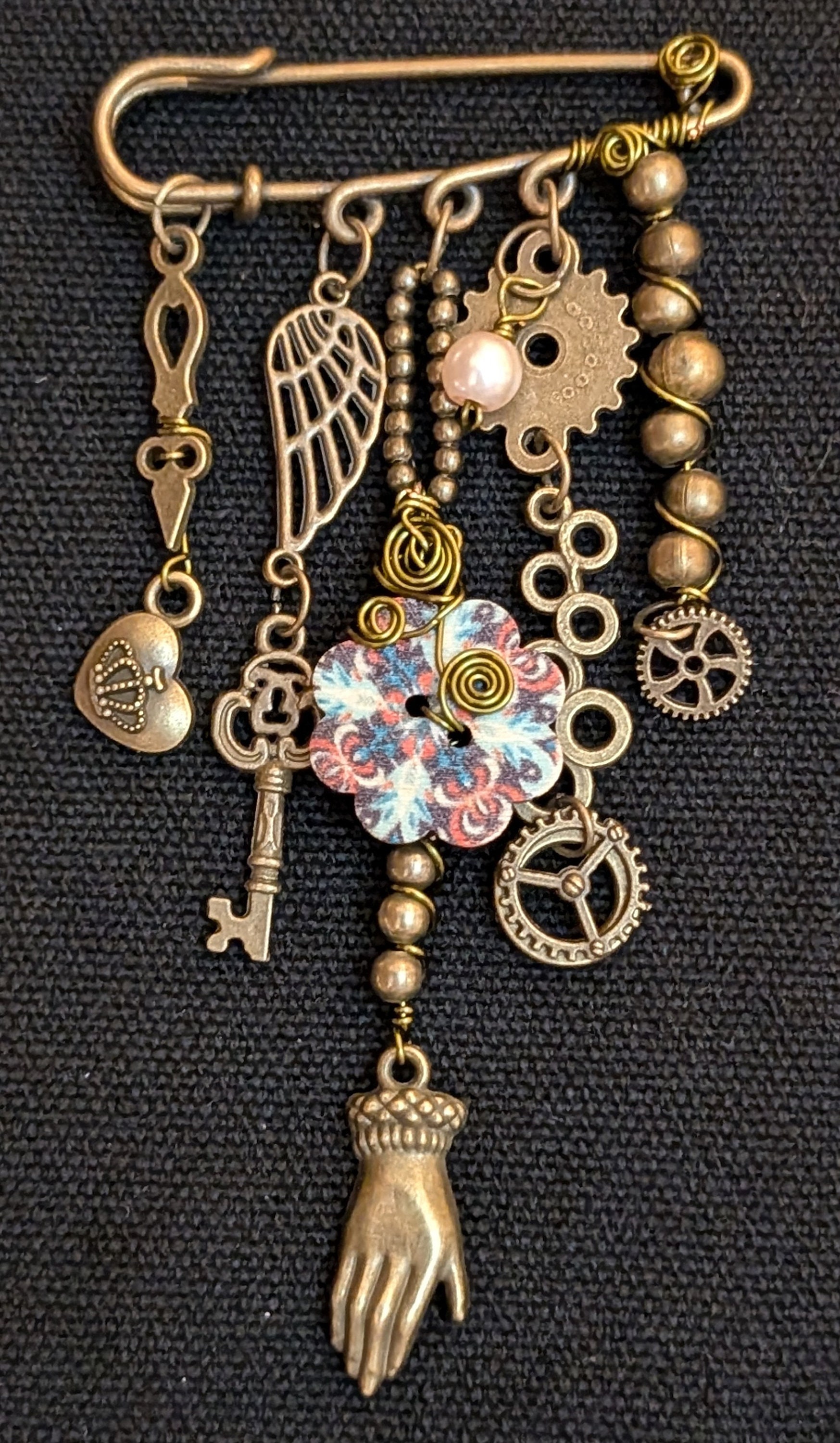 Steampunk Victorian Safety Pin, Brooch, Kilt Pin With Floral Wooden ...