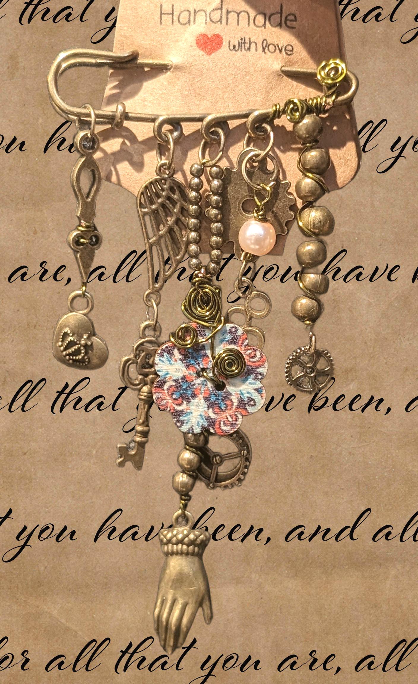 Steampunk Victorian Safety Pin, Brooch, Kilt Pin With Floral Wooden ...