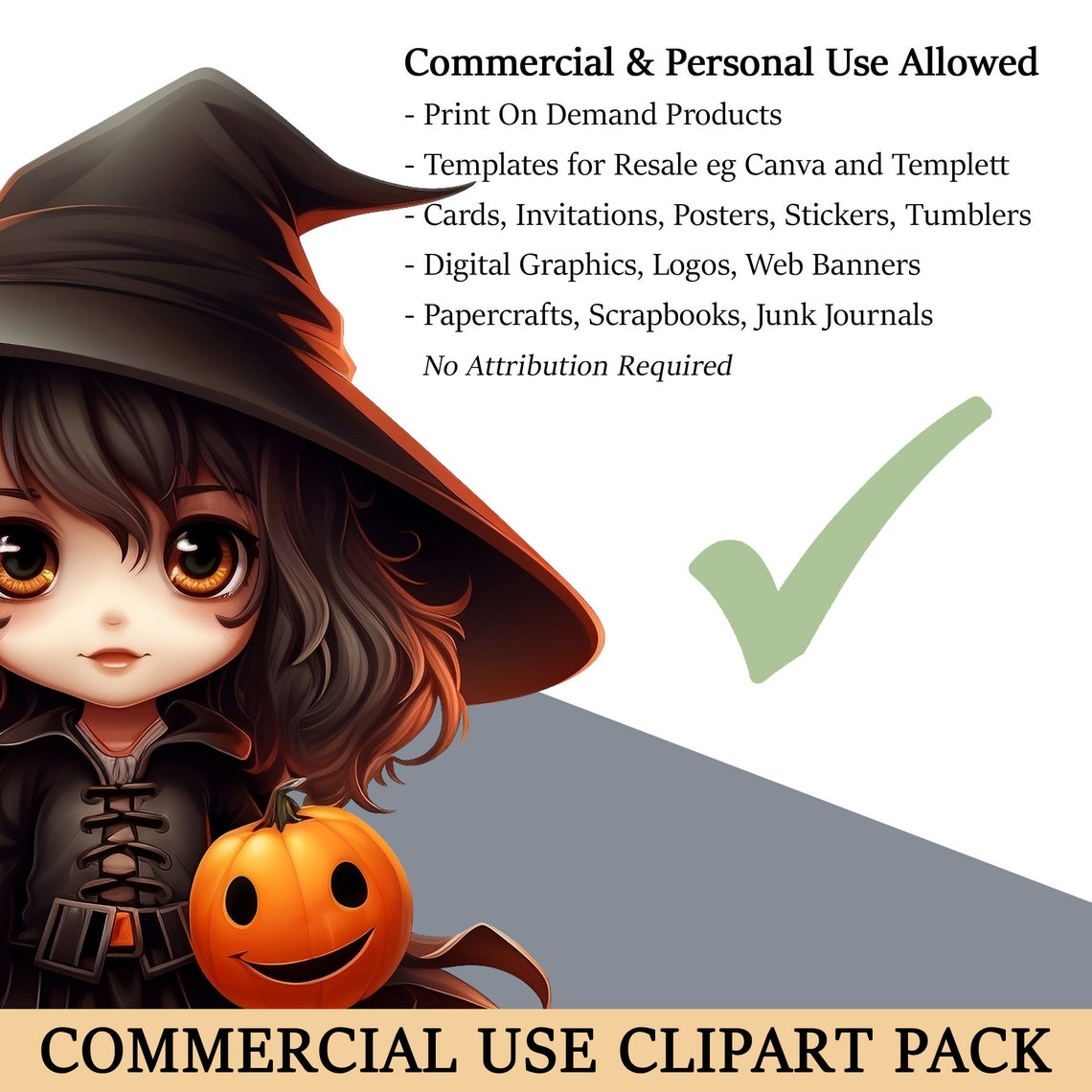 Cute Chibi Halloween Witches Trick or Treat Commercial Use Clipart, 20 ...