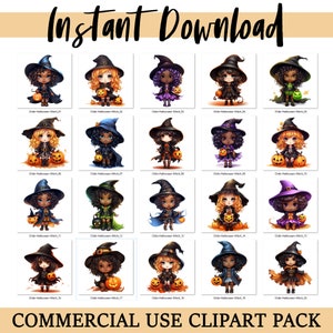 Cute Chibi Halloween Witches Trick or Treat Commercial Use Clipart, 20 ...