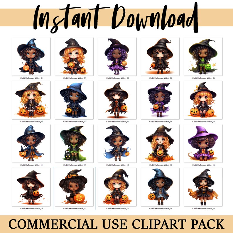 Cute Chibi Halloween Witches Trick or Treat Commercial Use Clipart, 20 ...