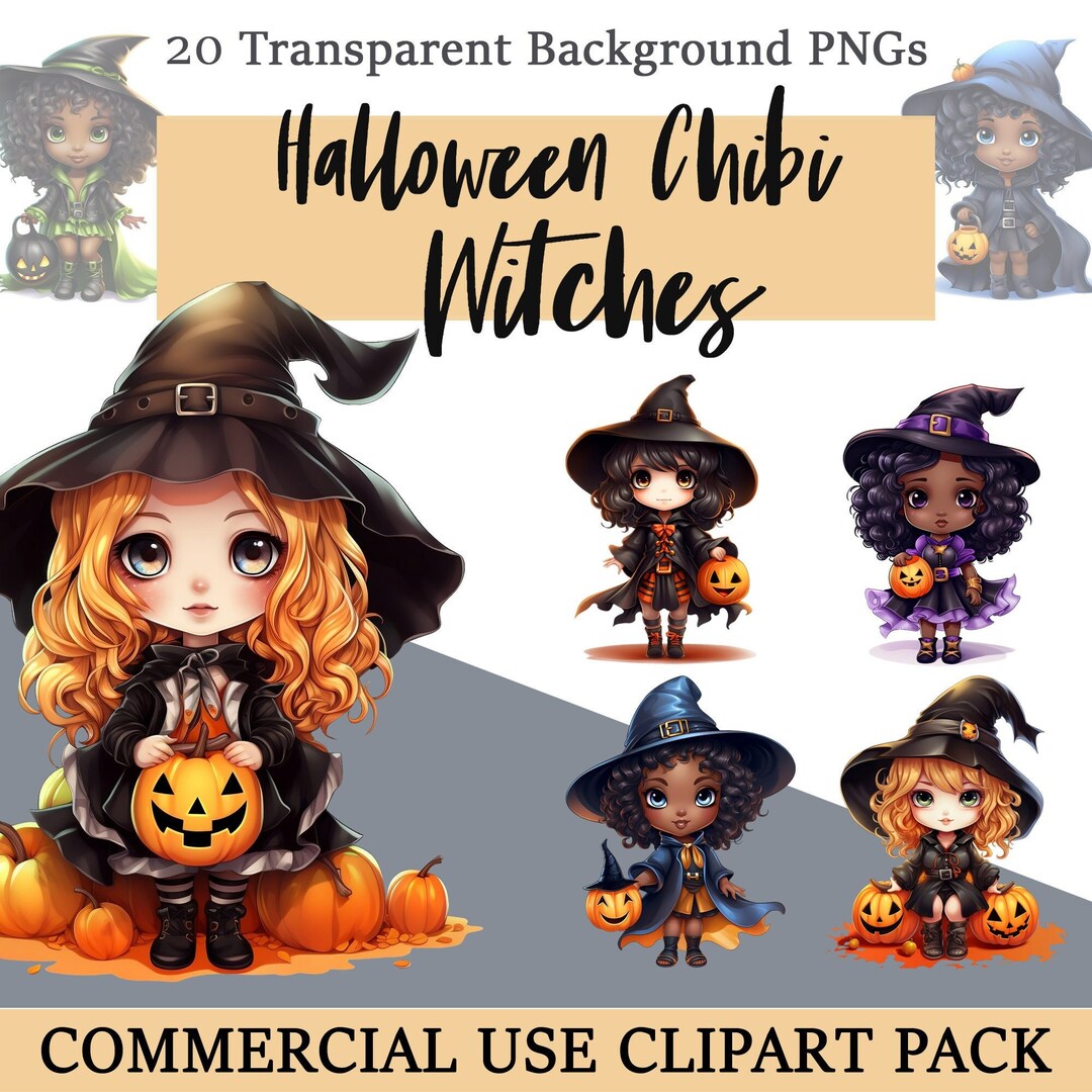 Cute Chibi Halloween Witches Trick or Treat Commercial Use Clipart, 20 ...