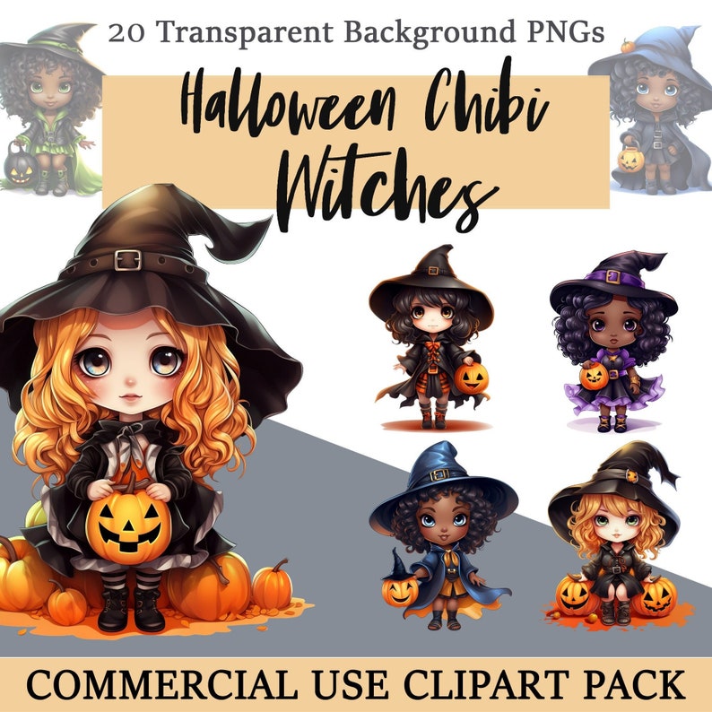 Cute Chibi Halloween Witches Trick or Treat Commercial Use Clipart, 20 ...