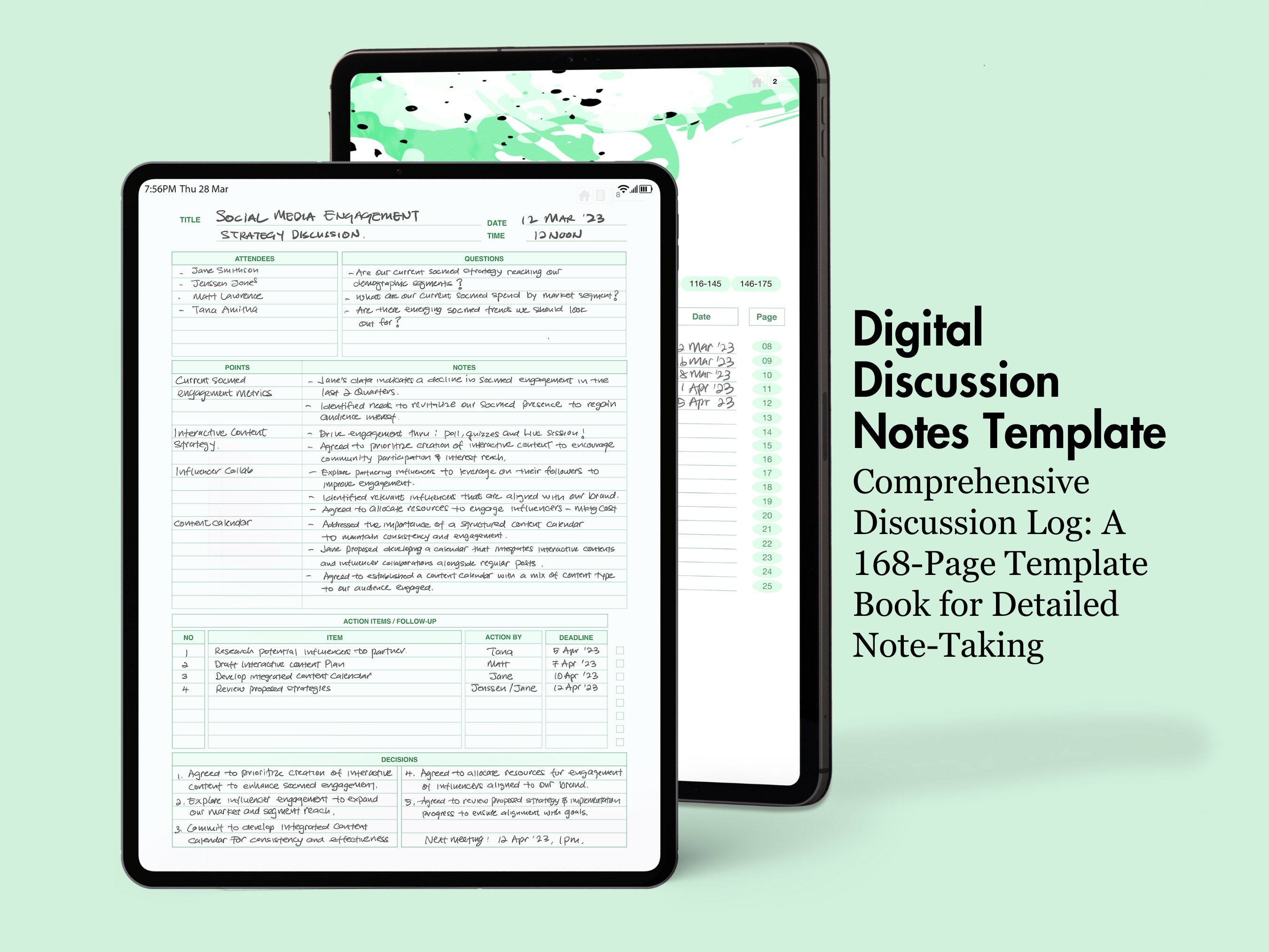 Instant Digital Download Green Reusable Meeting Notes Template, Simple ...
