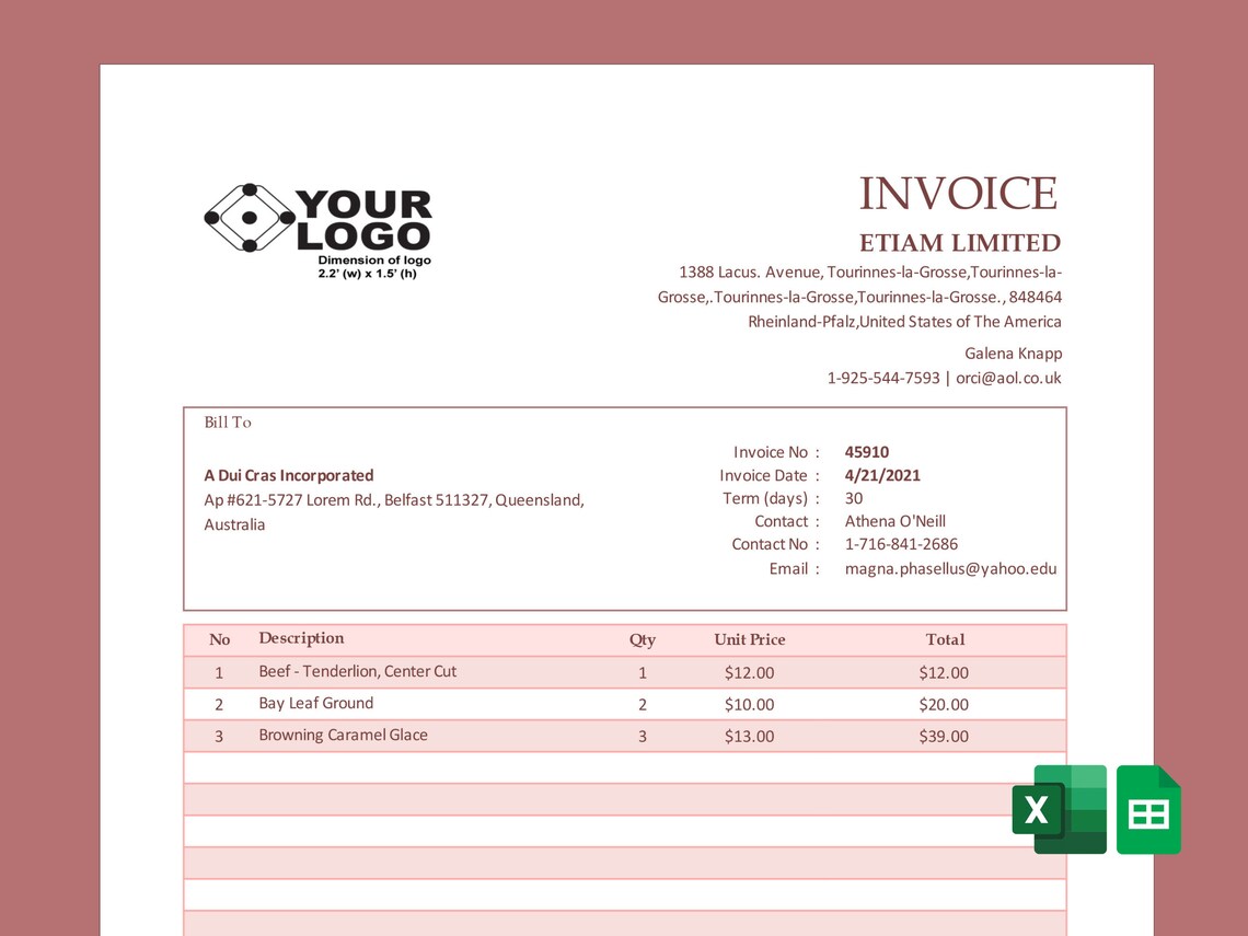 Simple Sales Invoice Template, Invoice Template for Excel and Google ...