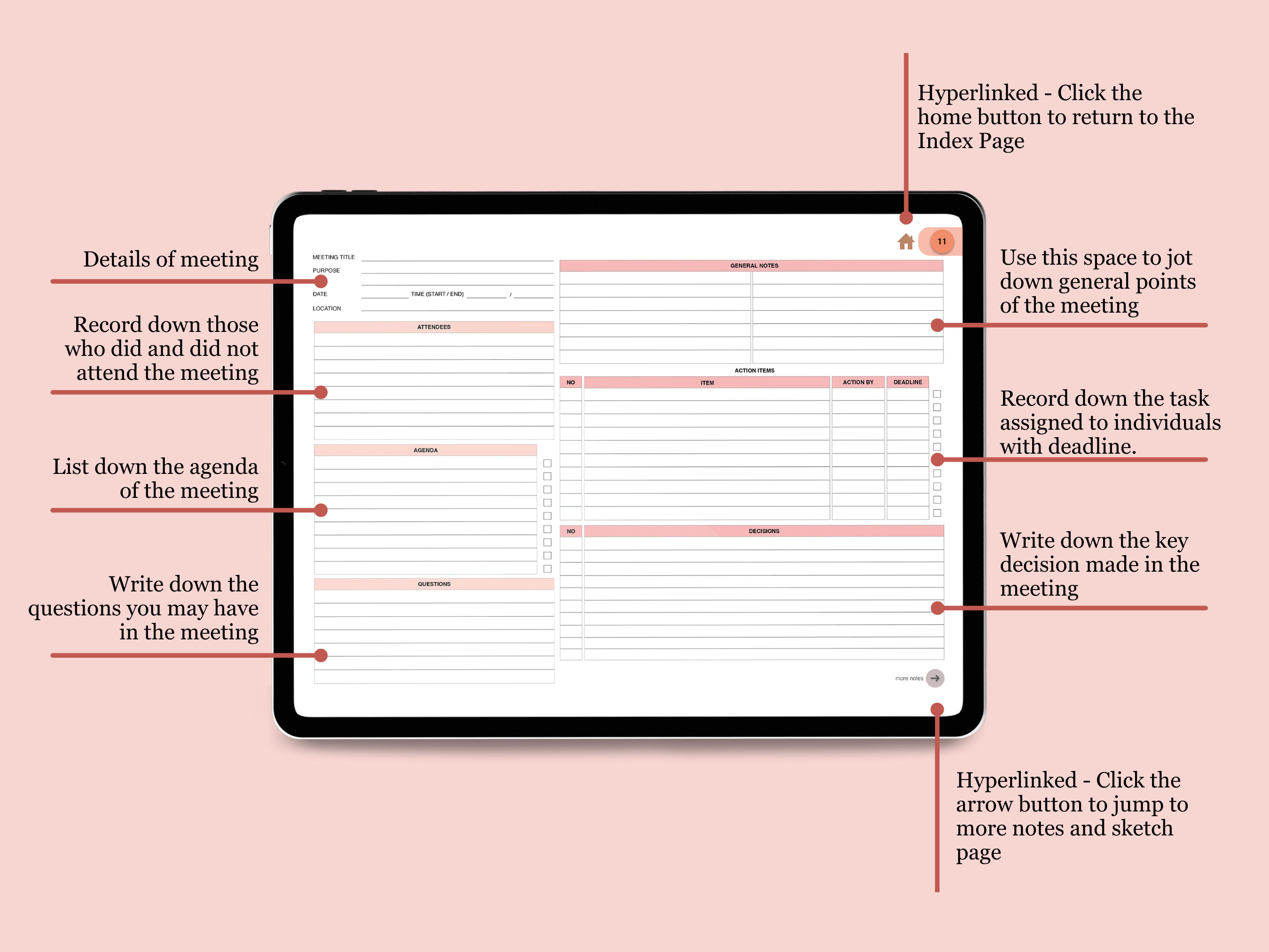 Peach-themed Landscape Instant Download Digital Meeting Notes Template ...