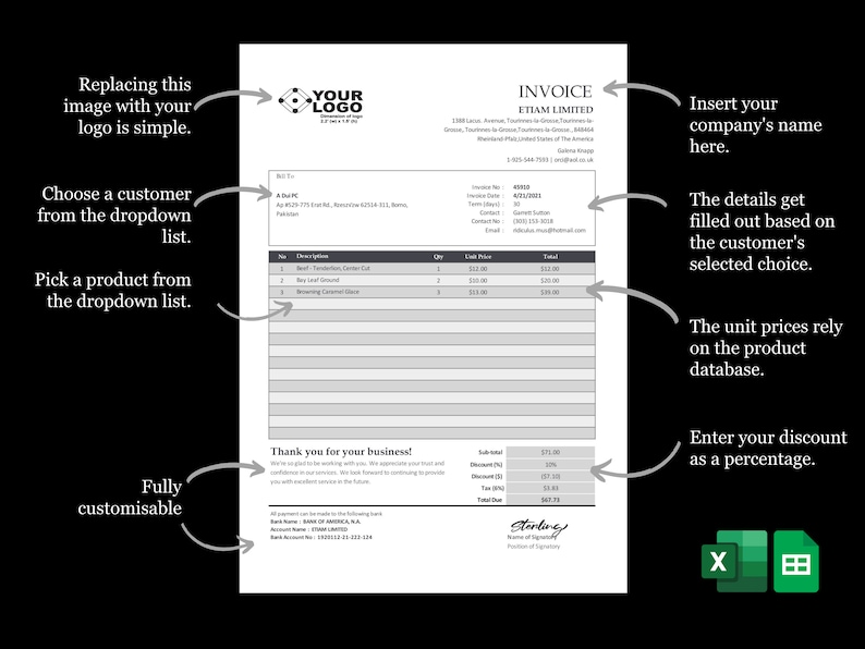 Simple Invoice Template for Excel & Google Sheets: Customizable ...
