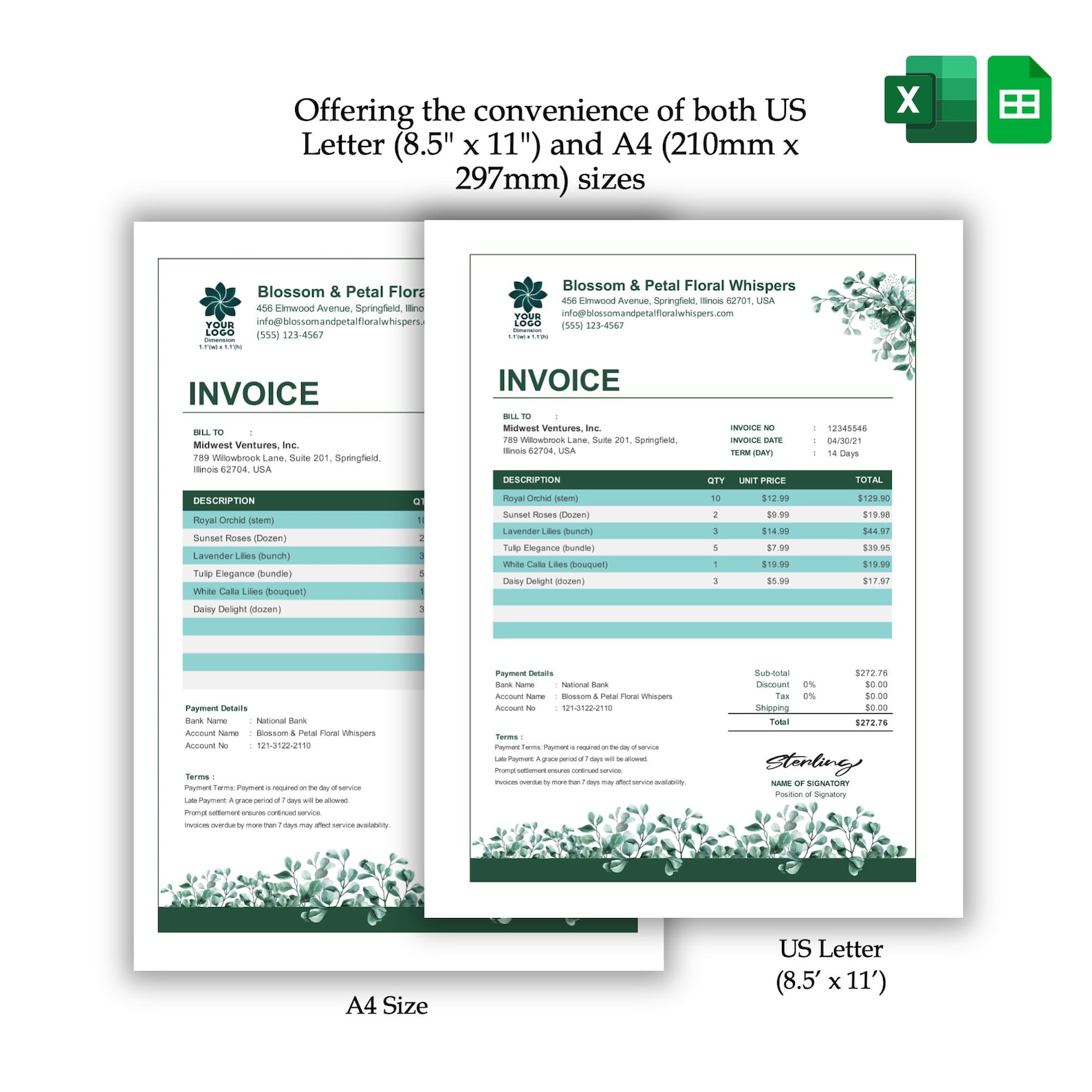 Chic Florist Invoice Customizable Excel and Google Template Instant ...