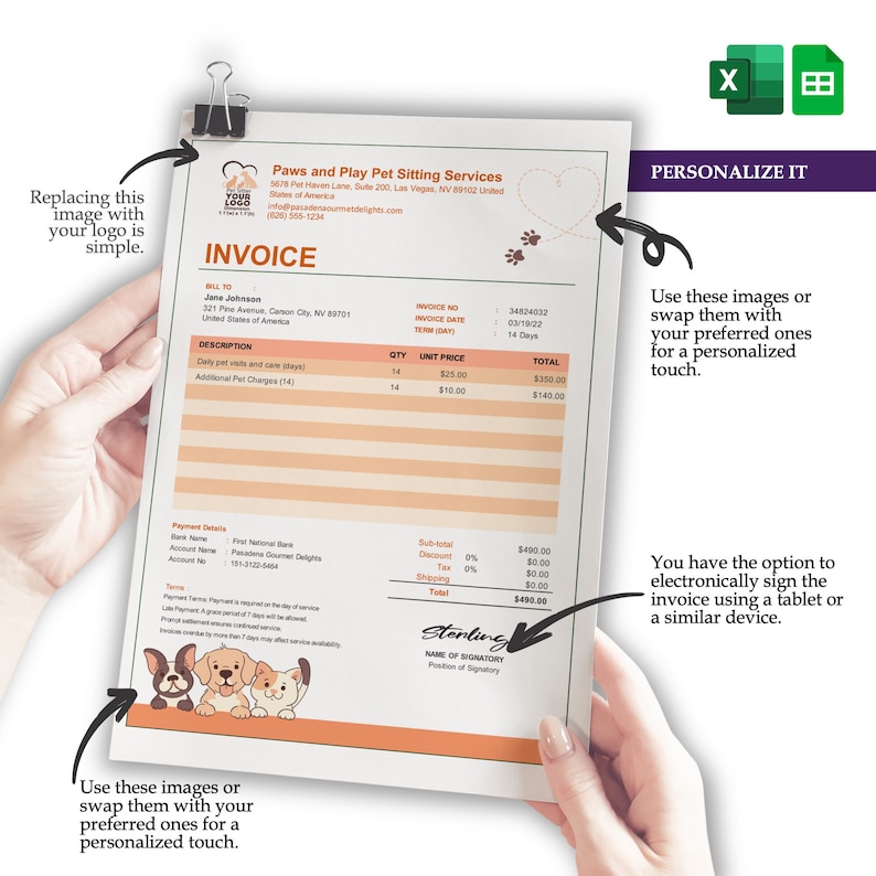 Pet Sitter Invoice Template: Excel & Google Sheets, Printable - Etsy