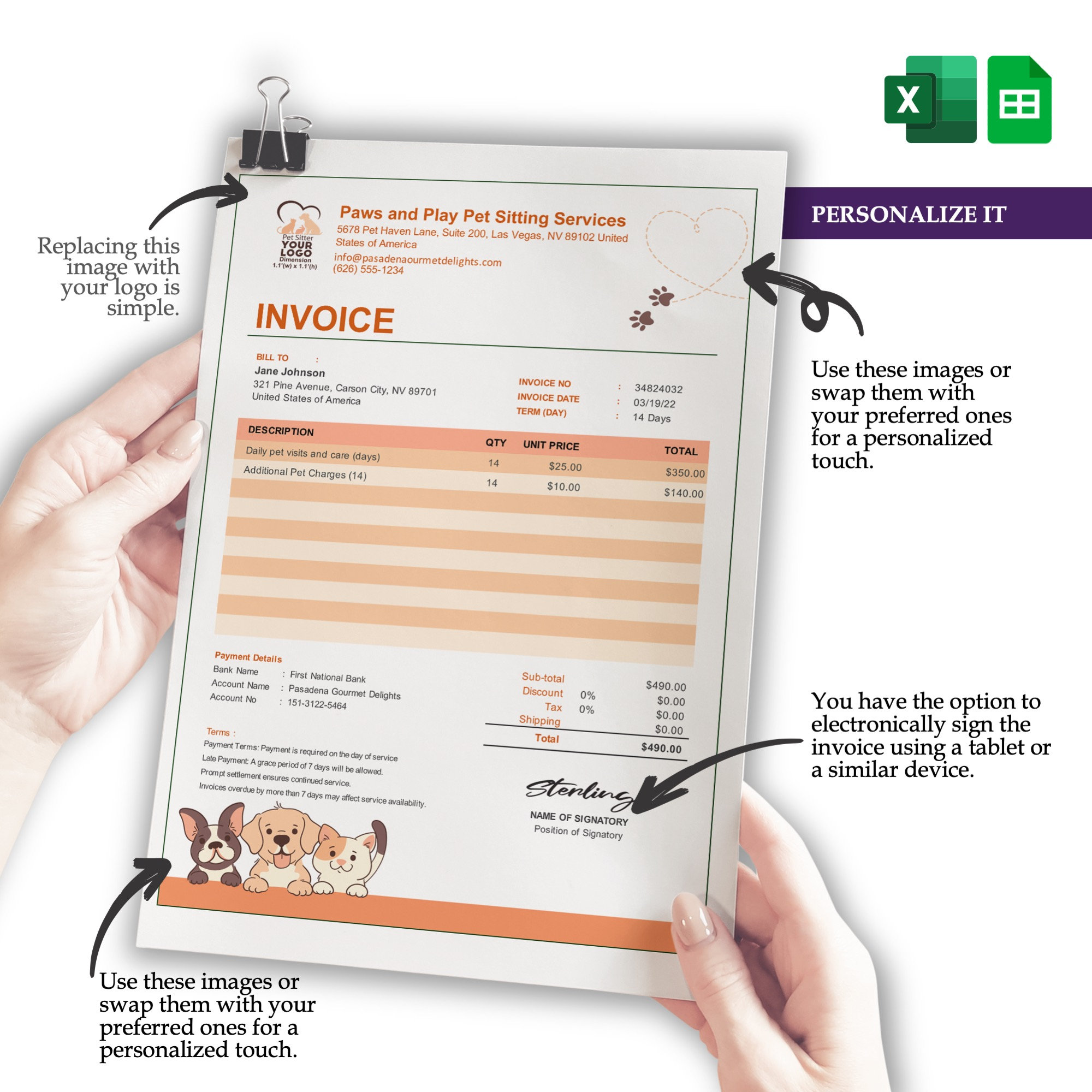 Pet Sitter Invoice Template: Excel & Google Sheets, Printable - Etsy