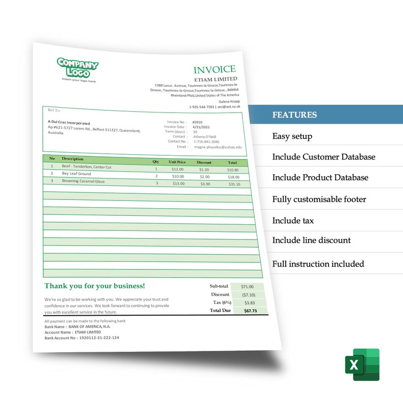 Simple Sales Invoice Template: Customizable Excel Spreadsheet (digital ...