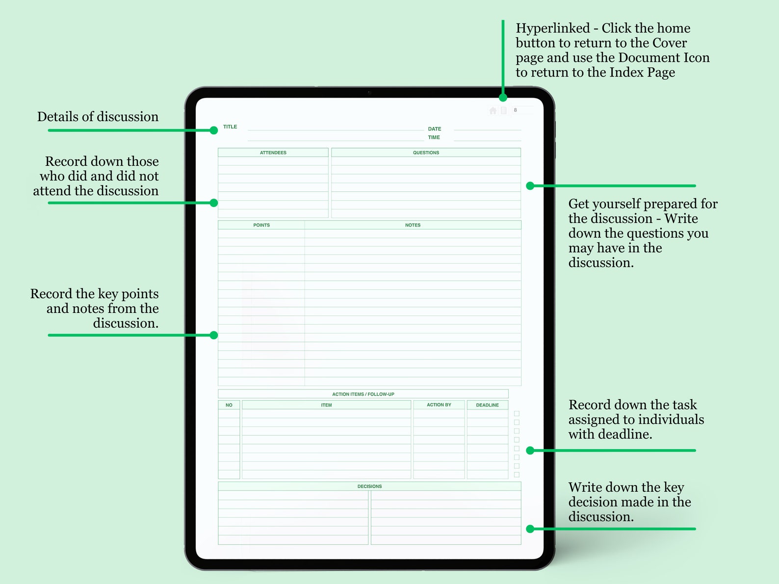 Instant Digital Download Green Reusable Meeting Notes Template, Simple ...