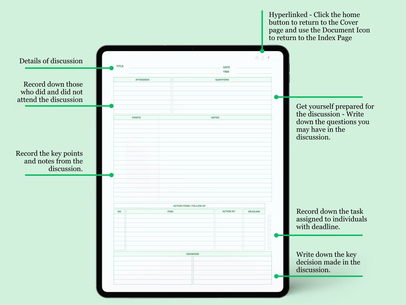 Instant Digital Download Green Reusable Meeting Notes Template, Simple ...