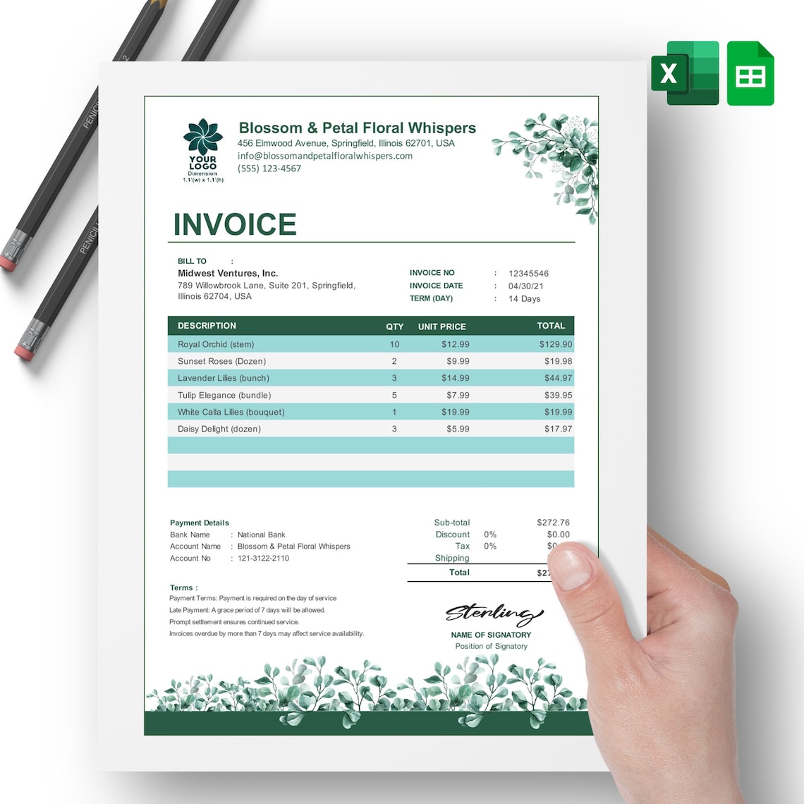Chic Florist Invoice Customizable Excel and Google Template Instant ...