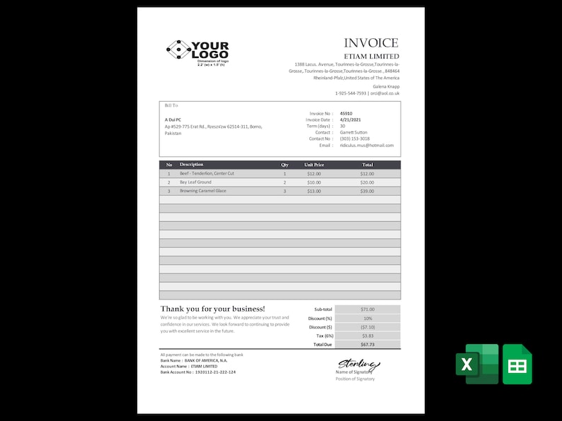 Simple Invoice Template for Excel & Google Sheets: Customizable ...