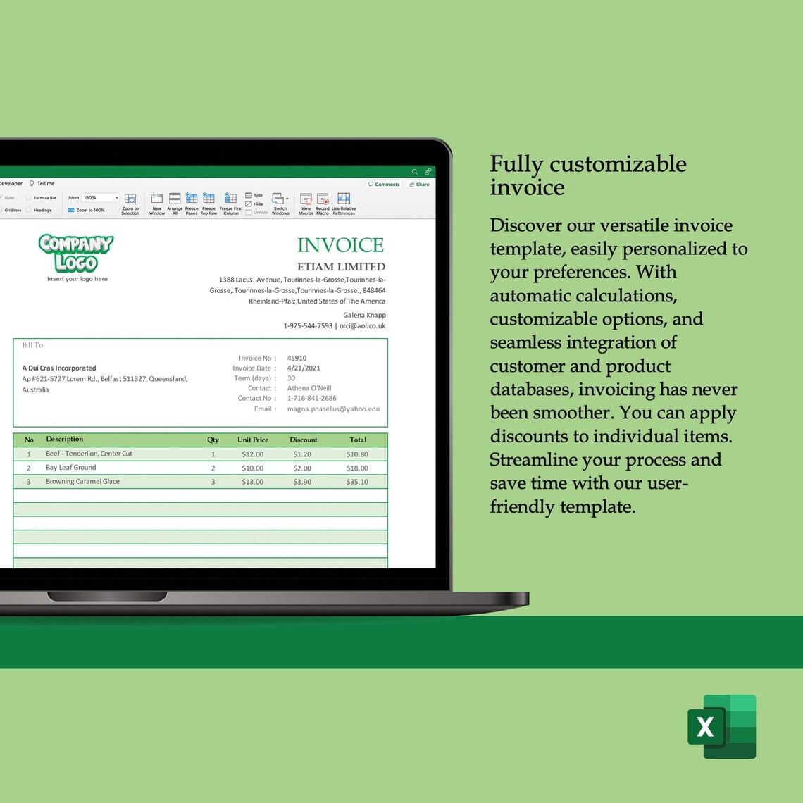 Simple Sales Invoice Template: Customizable Excel Spreadsheet (digital ...