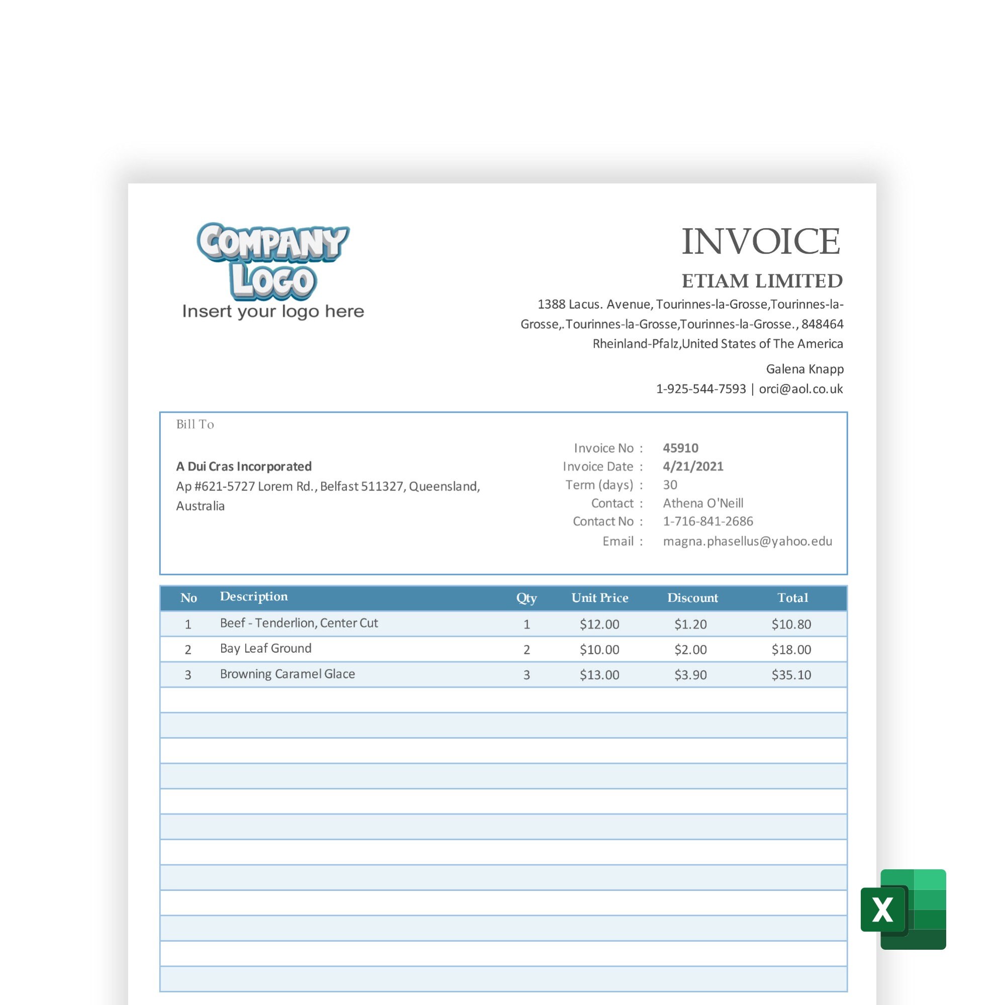 Simple Sales Invoice for Home and Small Office Invoice With Item ...
