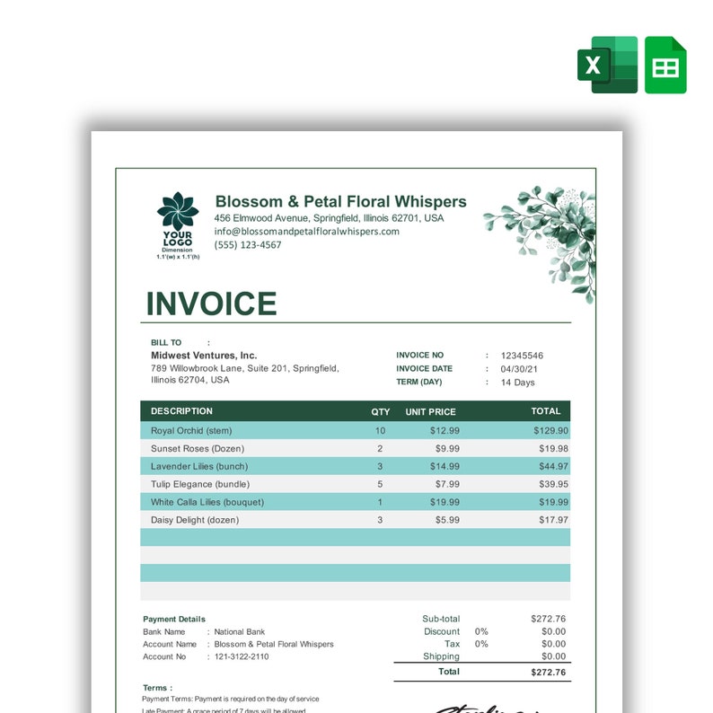 Chic Florist Invoice Customizable Excel and Google Template Instant ...