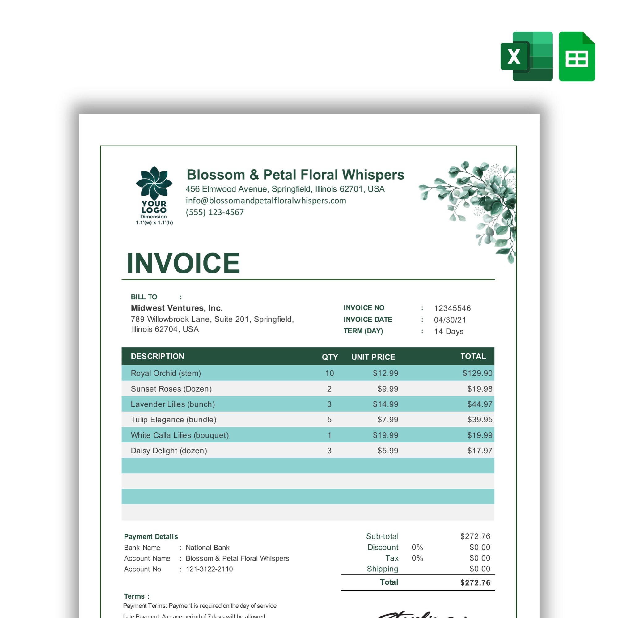 Florist Invoice Template: Customizable Excel & Google Sheets (instant ...