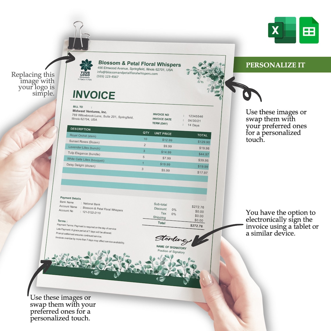 Chic Florist Invoice Customizable Excel and Google Template Instant ...