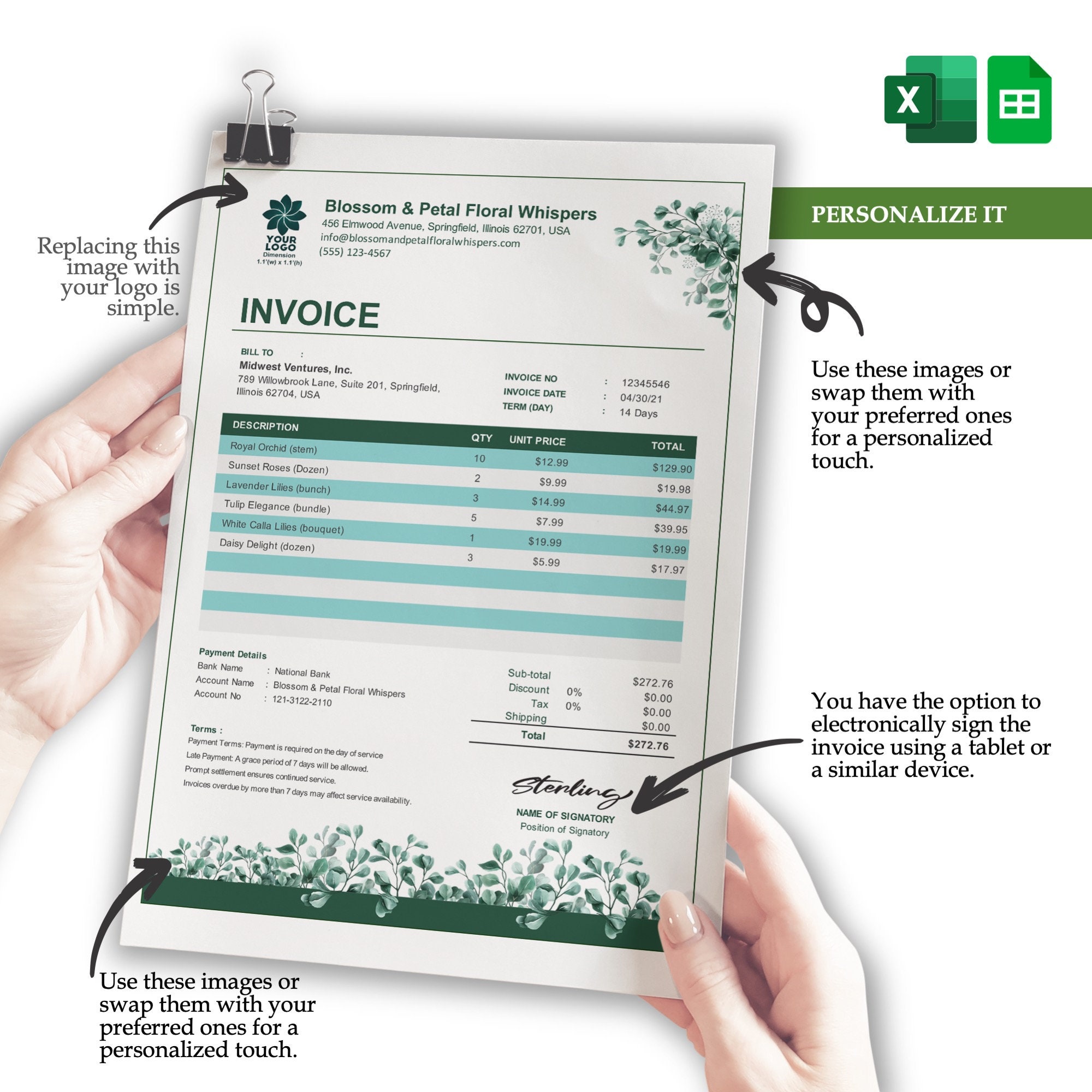 Chic Florist Invoice Customizable Excel and Google Template Instant ...