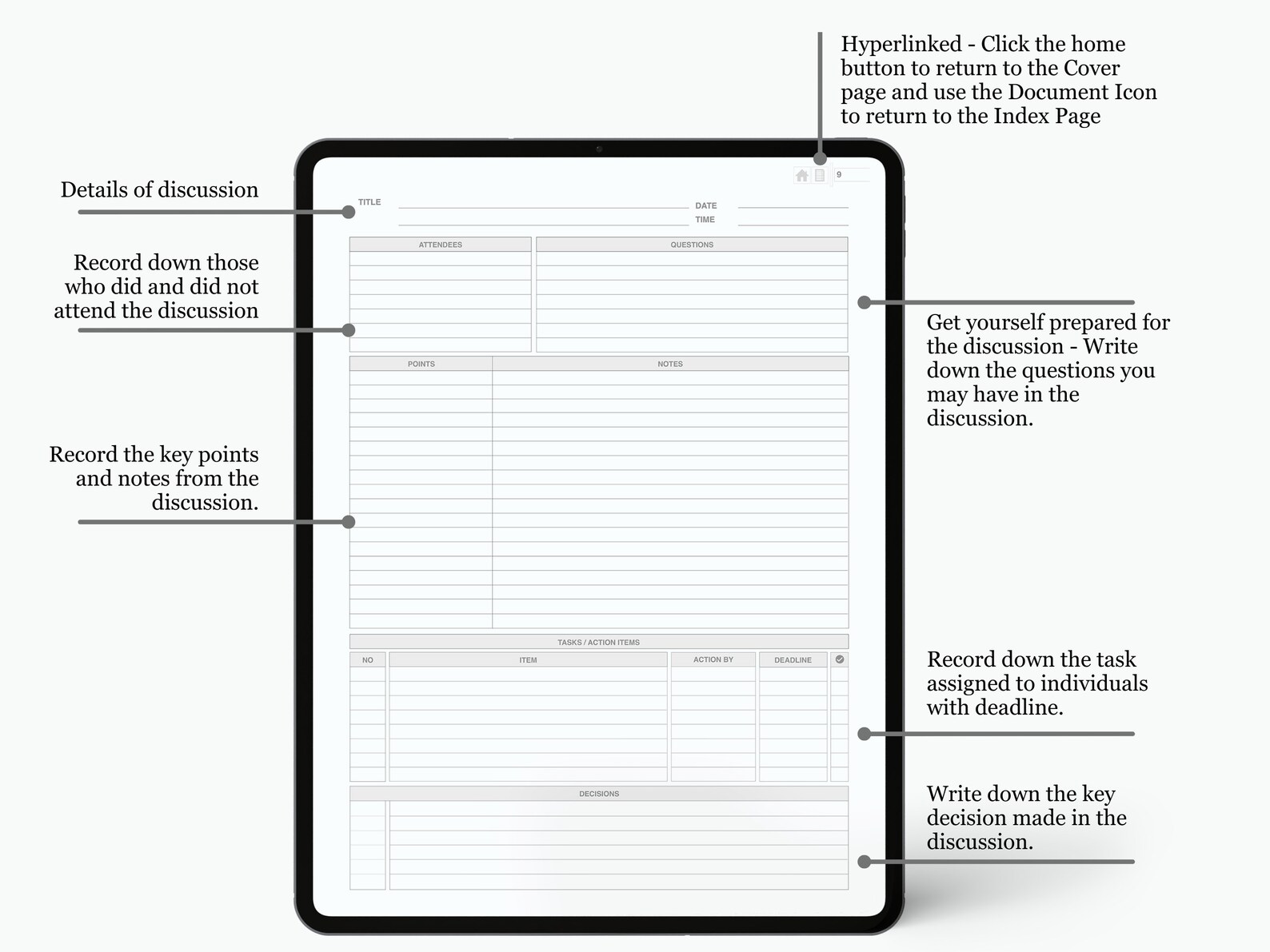 Minimalist Discussion Note Template for Tablet, Instant Digital ...