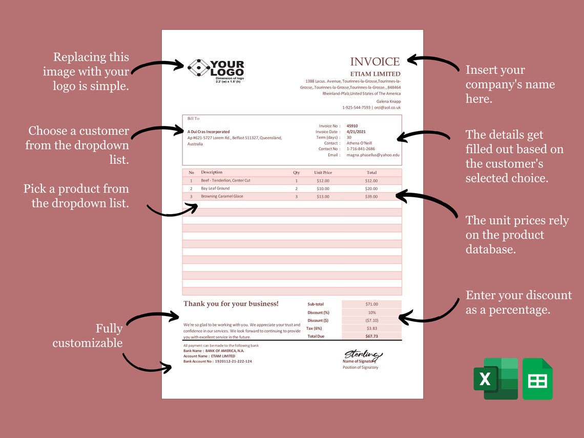 Simple Sales Invoice Template, Invoice Template for Excel and Google ...