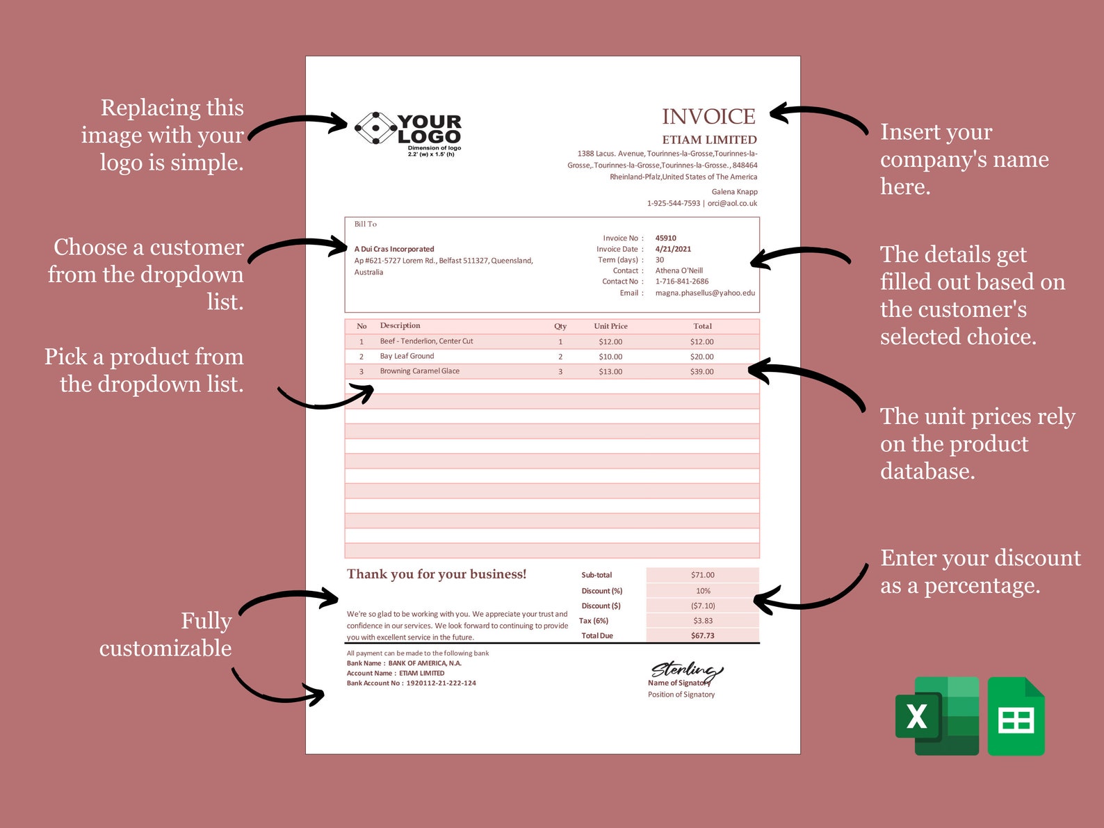 Simple Sales Invoice Template, Invoice Template for Excel and Google ...