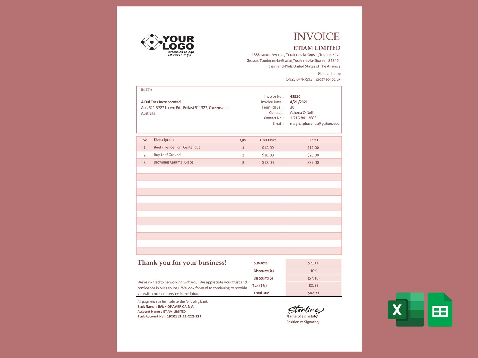 Simple Sales Invoice Template, Invoice Template for Excel and Google ...
