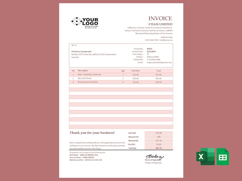 Simple Sales Invoice Template, Invoice Template for Excel and Google ...