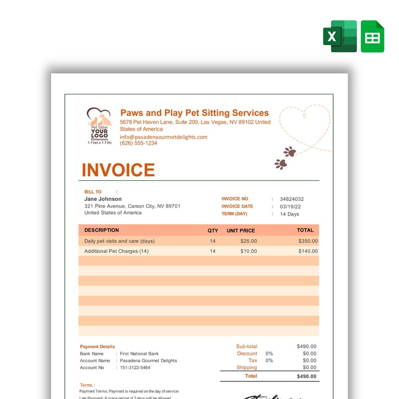 Pet Sitter Invoice Template: Excel & Google Sheets, Printable - Etsy