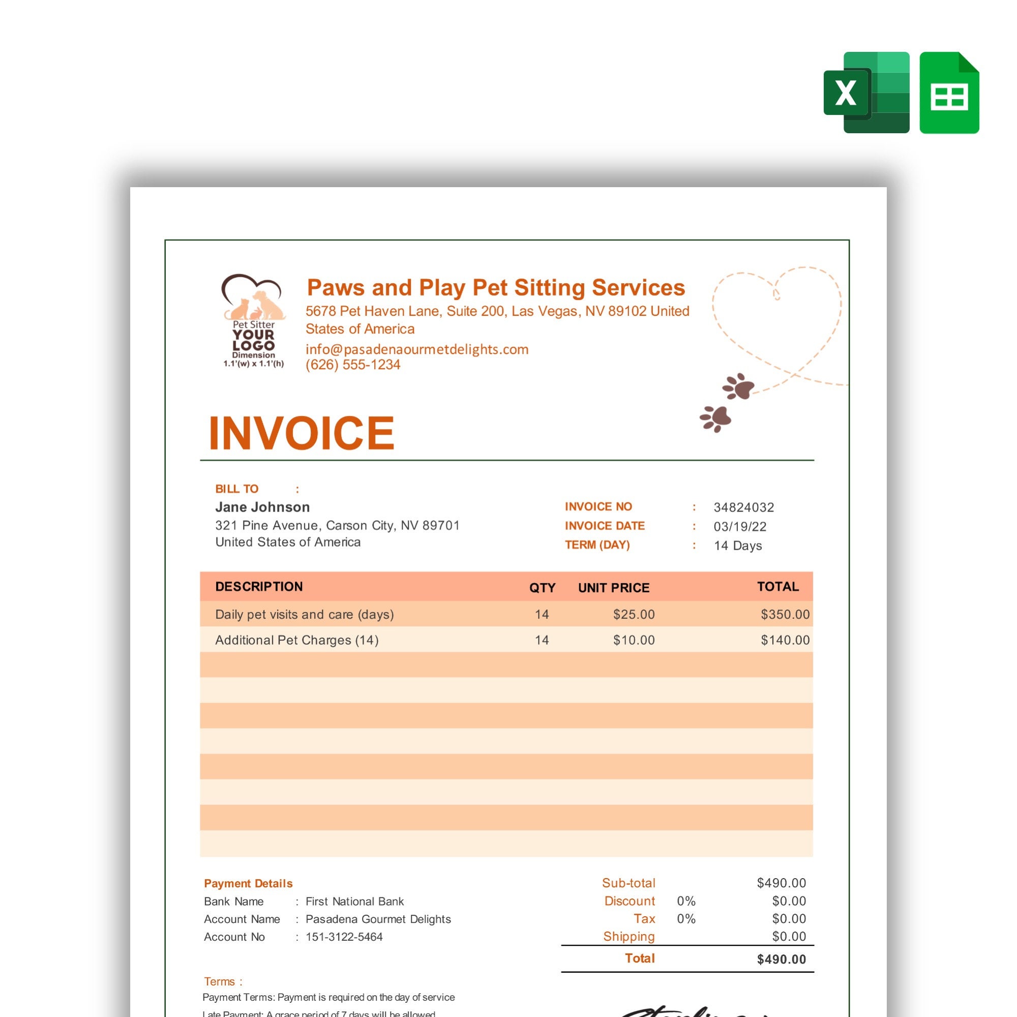 Pet Sitter Invoice Template: Excel & Google Sheets, Printable - Etsy