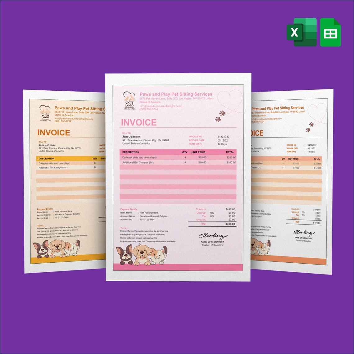 Pet Sitter Invoice Template: Excel & Google Sheets, Printable - Etsy