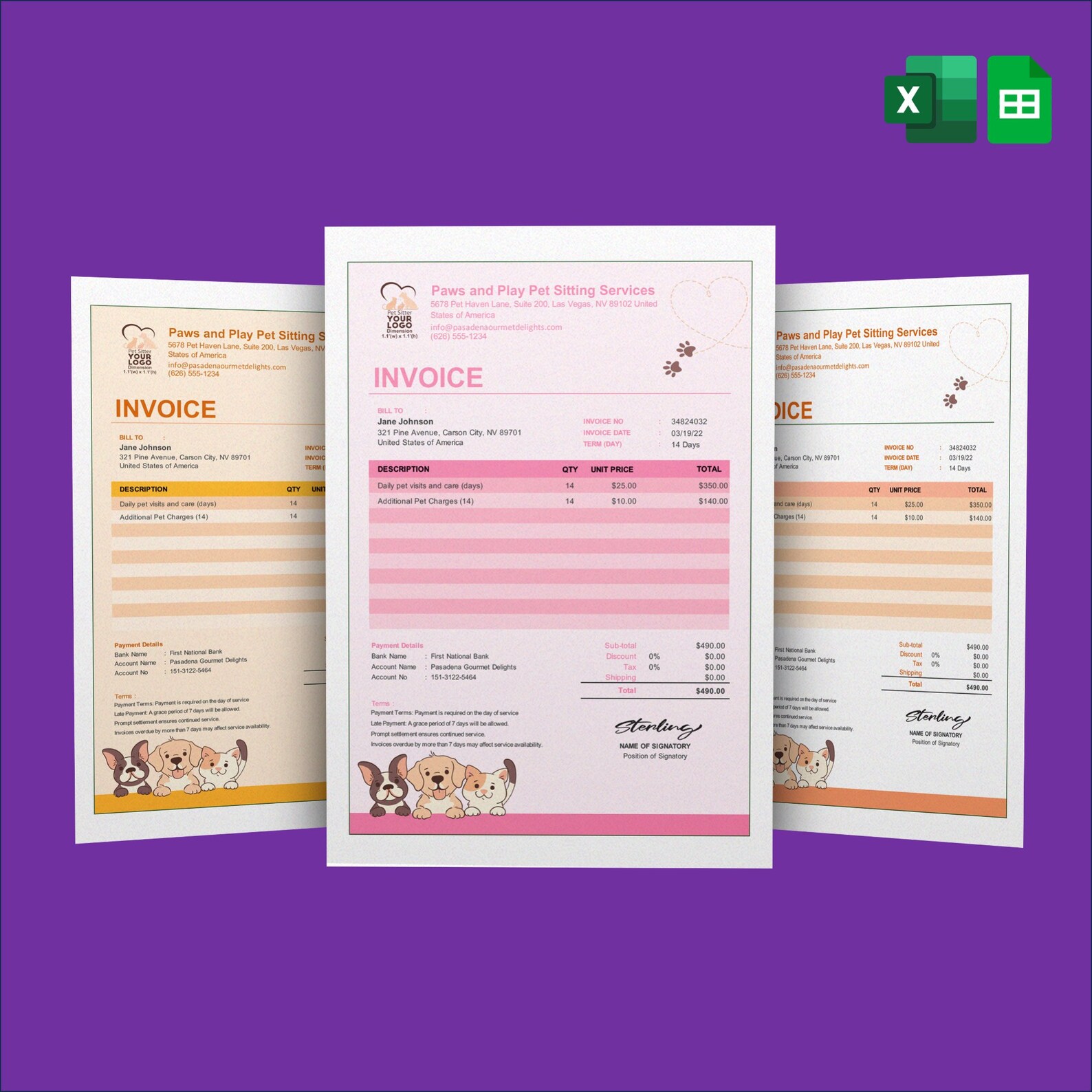 Pet Sitter Invoice Template: Excel & Google Sheets, Printable - Etsy