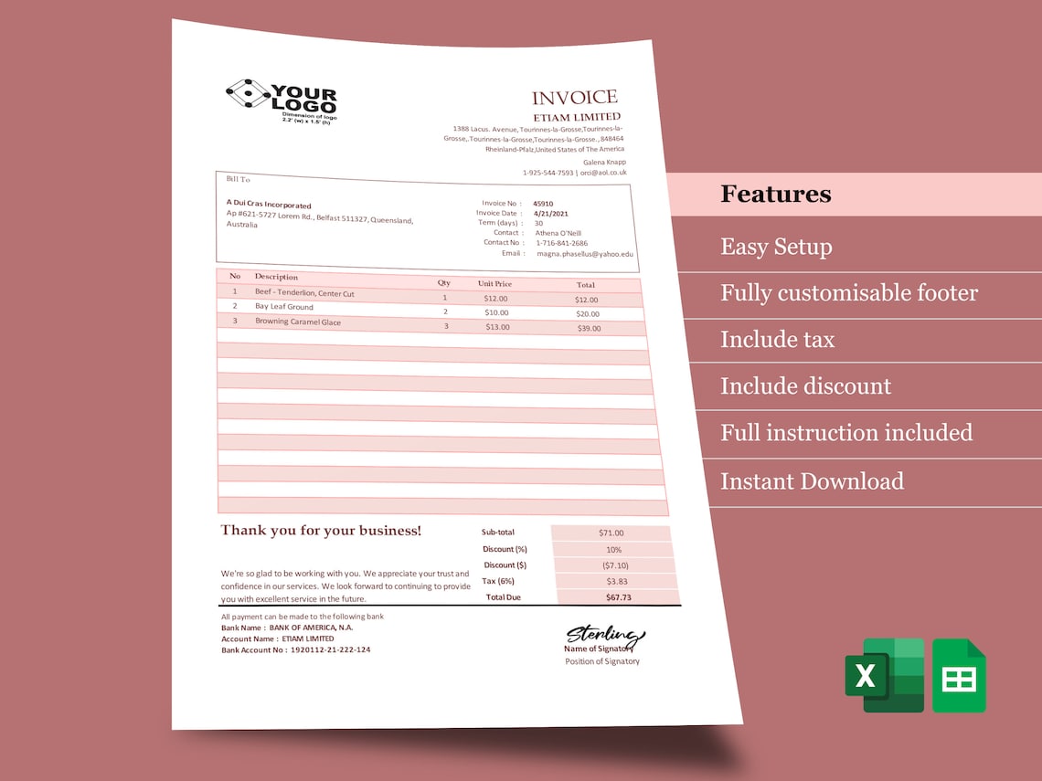 Simple Sales Invoice Template, Invoice Template for Excel and Google ...